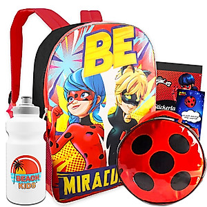 Zagtoon Miraculous Ladybug Backpack and Lunch Box School Set - Bundle with 16inch Miraculous Ladybug Backpack, Insulated Lunch Bag, Water Bottle, and More (Miraculous Ladybug School Supplies)