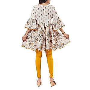 IshDeena Indian Anarkali Kurtis for Women - Kurta, Boho, Tunic Tops - Frock and Peplum Style Rayon Printed M to Plus Size (Cream - b23id5/Medium)