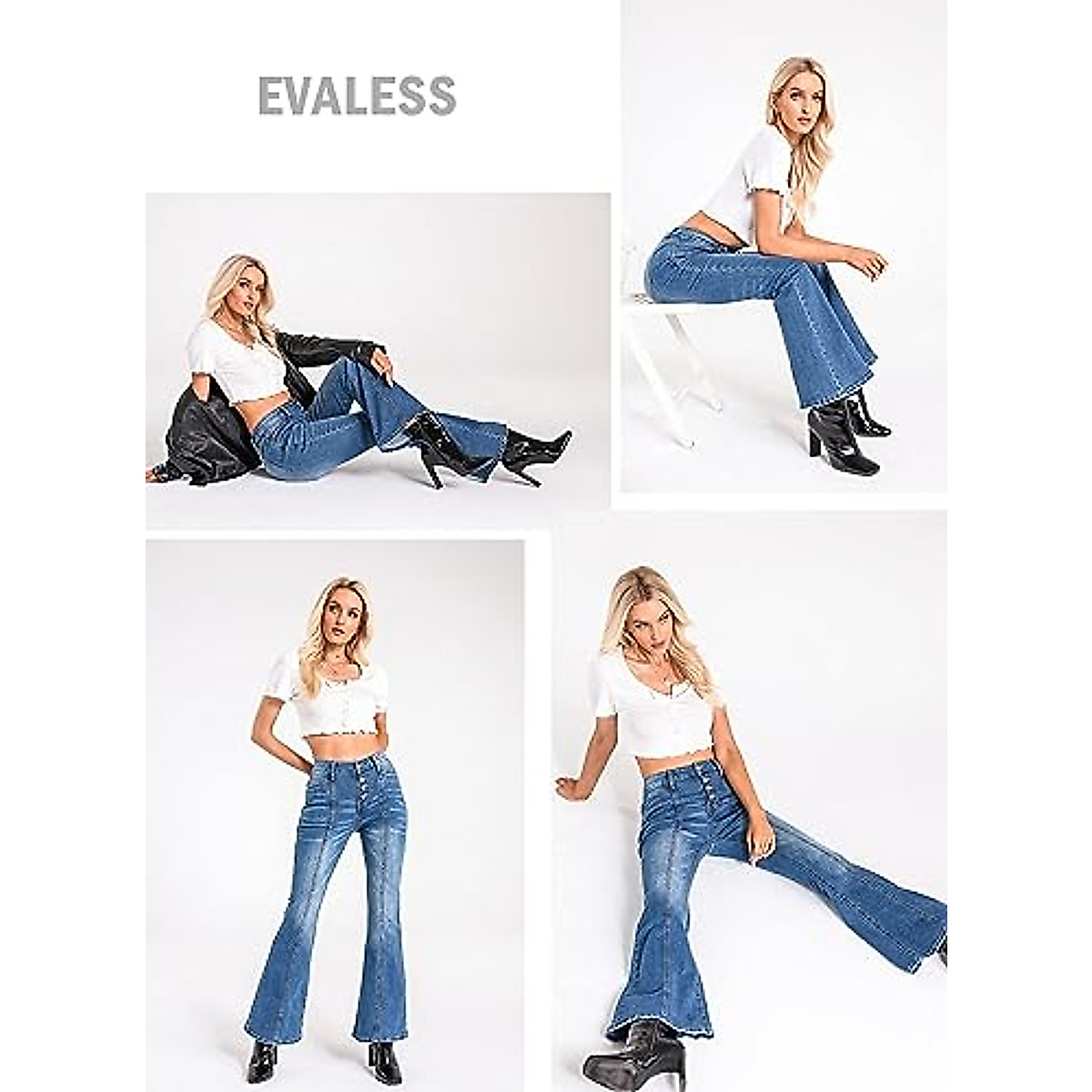 EVALESS Bell Bottom Jeans for Women High Waisted Button Fly Wide Leg Denim Flare Pants Blue 4