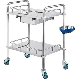 VEVOR Lab Cart 2 Layers Dental Cart with 1 Drawer Stainless Steel Cart 1 Refuse Basin Lab Utility Cart w/Silent Omnidirectional Wheels Stainless Utility Cart for Laboratory Hotel Restaurant Home Use