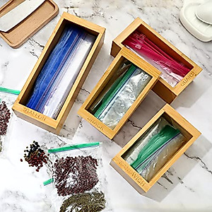 Ziplock Bag Storage Organizer Bamboo Upgraded Zip Lock Bags Container for Drawer, Baggie Dispenser Compatible with Ziploc, Hefty, Solimo, Glad, for Gallon, Quart, Sandwich, Snack & Variety Size Bags