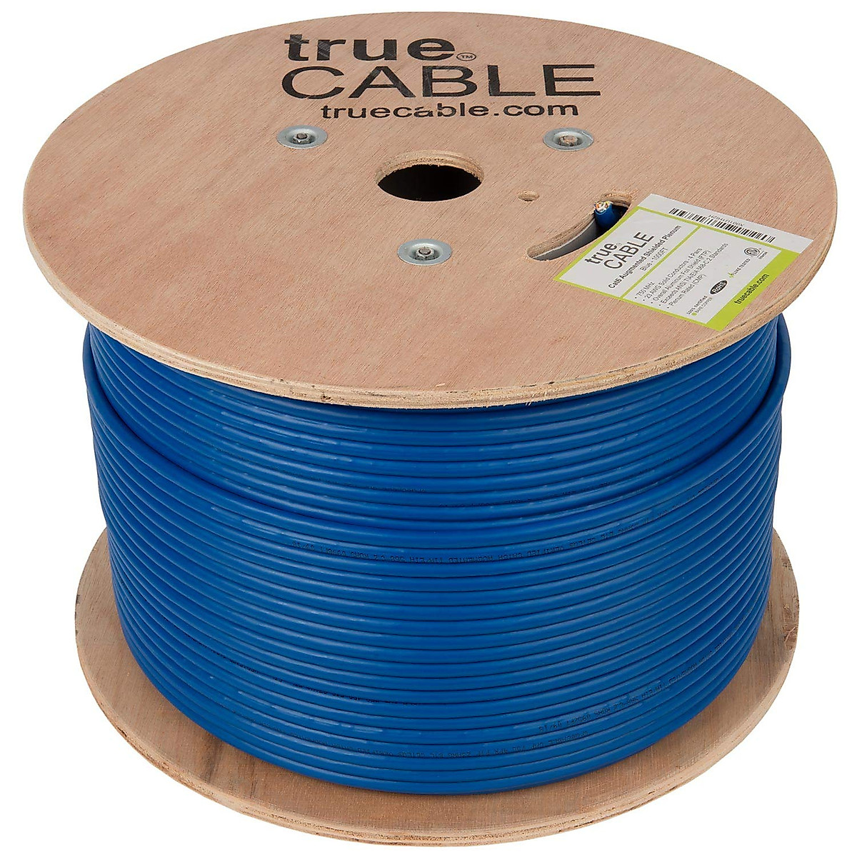 trueCABLE Cat6A Shielded Plenum (CMP), 1000ft, Blue, 23AWG Solid Bare Copper, 750MHz, PoE++ (4PPoE), ETL Listed, Overall Aluminum Foil Shield (F/UTP), Bulk Ethernet Cable