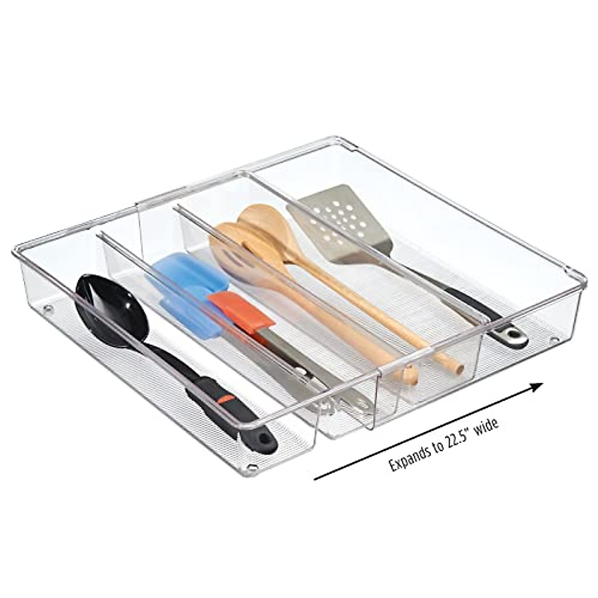 mDesign Plastic Adjustable/Expandable Divided Drawer Storage Organizer with 4 Compartments for Kitchen Pantry, Cupboard, Cabinet, Hold Silverware, Utensils, Cutlery - Ligne Collection - Clear