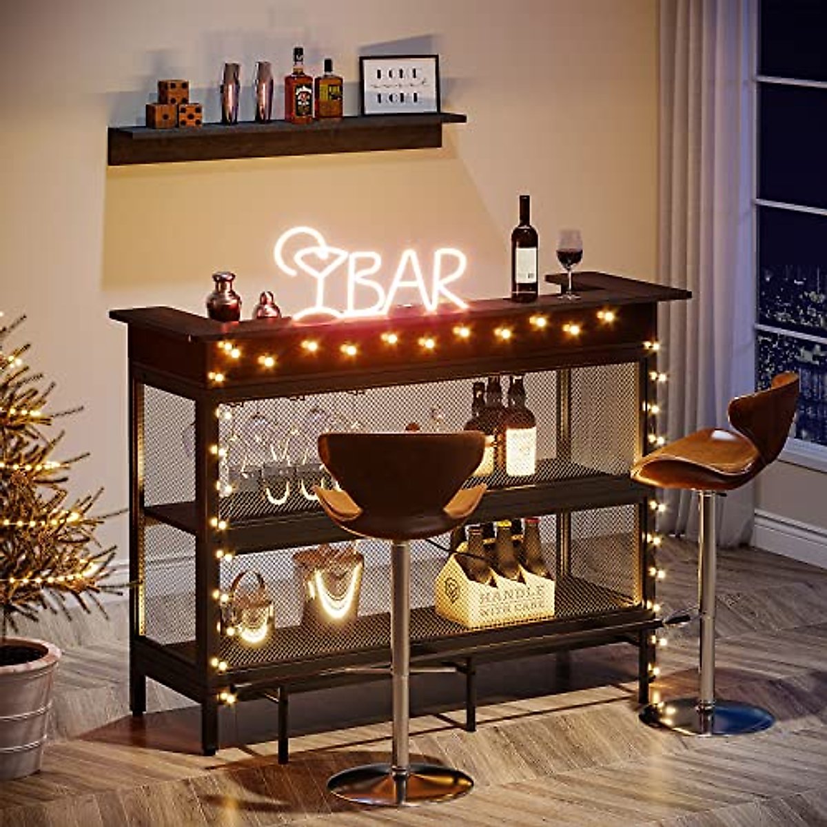 Tribesigns Industrial Home Bar Unit, 3 Tier Liquor Bar Table with Stemware Rack and Wine Storage Display Shelf, Mini Bar Cabinet with Glass Holder Footrest and Mesh Front