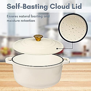 Lexi Home Cast Iron Enameled Dutch Oven Pot with Lid 6 qt, Sauce Pan, Pasta Server, Stove Top Pot, Dish for Sourdough Bread, Slow Cooking Chicken, Soup & More, Kitchen Cookware - Cream