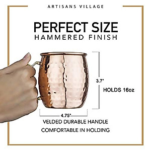 ARTISANS VILLAGE Moscow Mule Mugs | Set of 4 | 100% Pure Copper Solid Mugs | Gold Brass Handles | Size 16 oz | BONUS: Premium Straws and Shot Glass