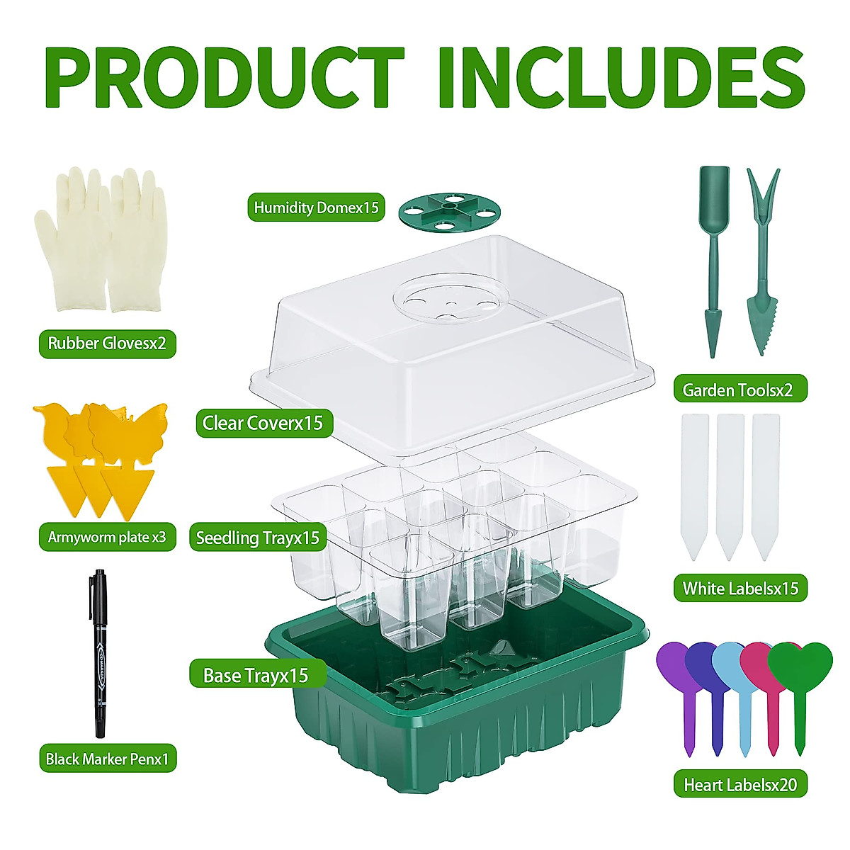 15 Packs Seed Starter Tray Kit, 180 Cells Total Tray, Seedling Starting Trays with Humidity Dome, Base Mini Greenhouse Kit for Seeds Growing Starting