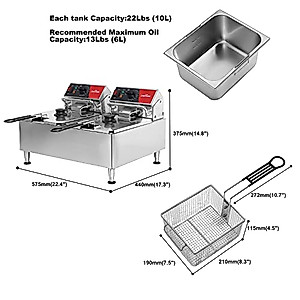 CROSSON ETL Listed Dual Tank 26Lbs Electric Countertop Deep Fryer with Easy-assembling Solid Basket ,Removable Oil Container,Height Adjustable Leg and Lid for Restaurant Home Use-120V,3600W Stainless Steel Commercial Deep Fryer