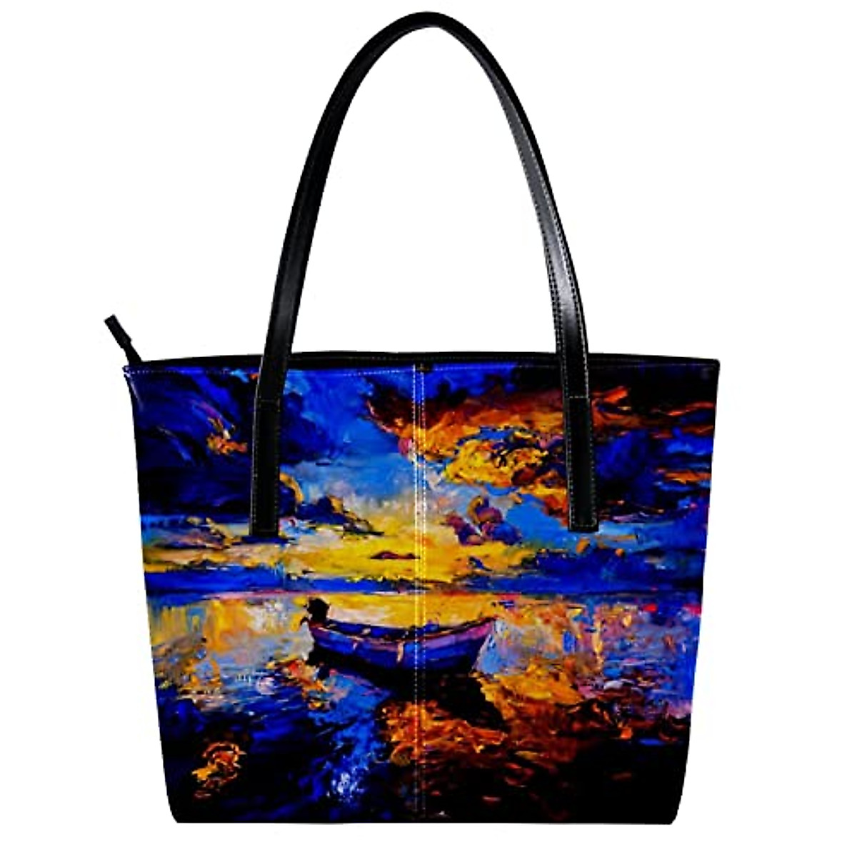 Fashion Leather Handbags Oil Painting Scenery Tote Bag With Zipper for Beach Shopping School Work Travel Business