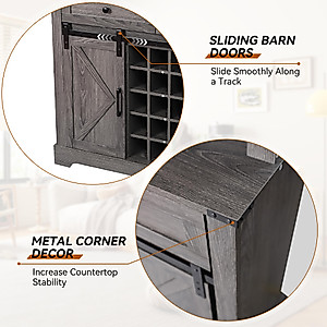 ARTPOWER Wine Bar Cabinet with Sliding Barn Door, 72" Hutch Cabinet with Wine&Glasses Rack, Tall Farmhouse Kitchen Pantry Buffet Cabinet with Drawers for Dining Room, Gray