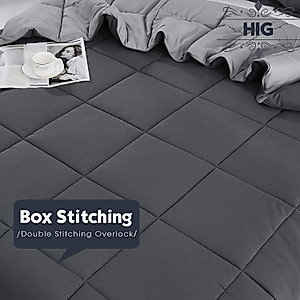 HIG 3pc Grey Queen Size Comforter Set - All Season Reversible Down Alternative Comforter with Two Shams - Quilted Duvet Insert with Corner Tabs - Box Stitched Blanket - Breathable, Soft