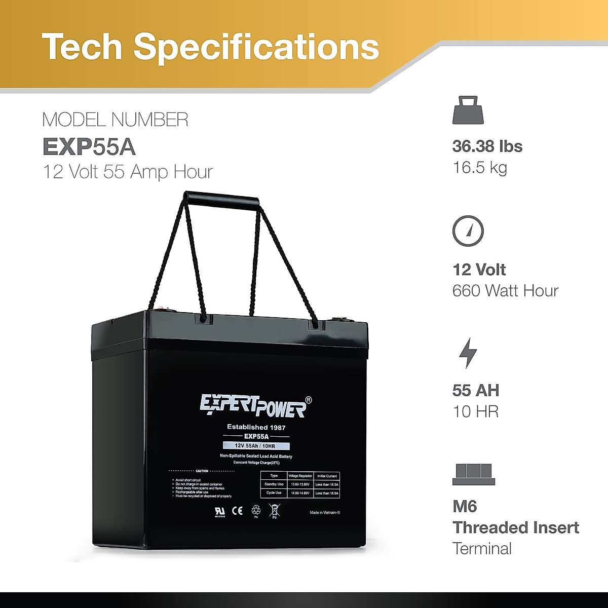 ExpertPower 12 Volt 55 Amp Deep Cycle Sealed Lead Acid Wheelchair Medical Mobility Rechargeable Battery [EXP12500]