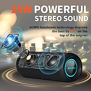 Portable Speaker, Wireless Bluetooth Speaker, IPX7 Waterproof, 25W Loud Stereo Sound, Bassboom Technology, TWS Pairing, Built-in Mic, 16H Playtime with Lights for Home Outdoor - Black