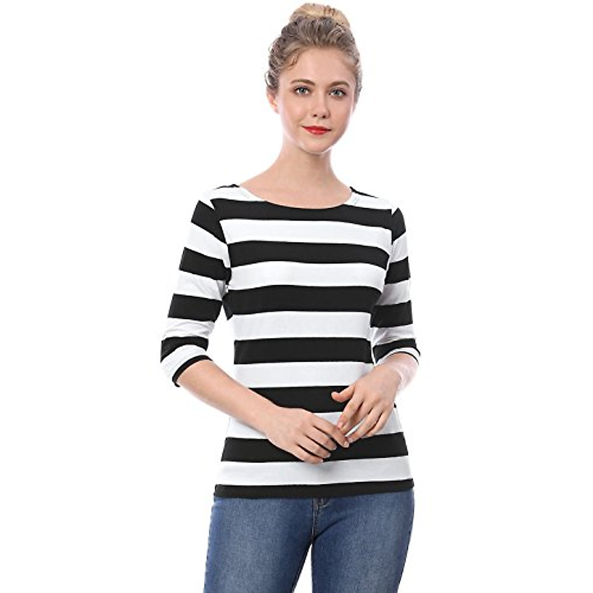 Allegra K Women's Halloween Elbow Sleeves T-Shirt Top Casual Basic Boat Neck Slim Fit Tee Medium Black White