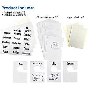 TraGoods 16 Pack White Clothing Rack Size Dividers Plus 60 Labels (1 Inch) and 16 Large Blank Labels, Large Rectangular Clothing Closet Dividers (Pearl White)