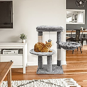 SYANDLVY Small Cat Tree for Indoor Cats, Modern Cat Tower with Scratching Post for Kittens, Climbing Stand with Basket & Hanging Ball for Play Rest