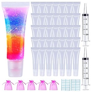 AMORIX 50PCS Lip Gloss Tubes 10ml Empty Lip Balm Containers Refillable Lipgloss Squeeze Tubes with 2 x 20ml Syringes 5pcs Organza Bags & Tag Labels Stickers for DIY Cosmetic