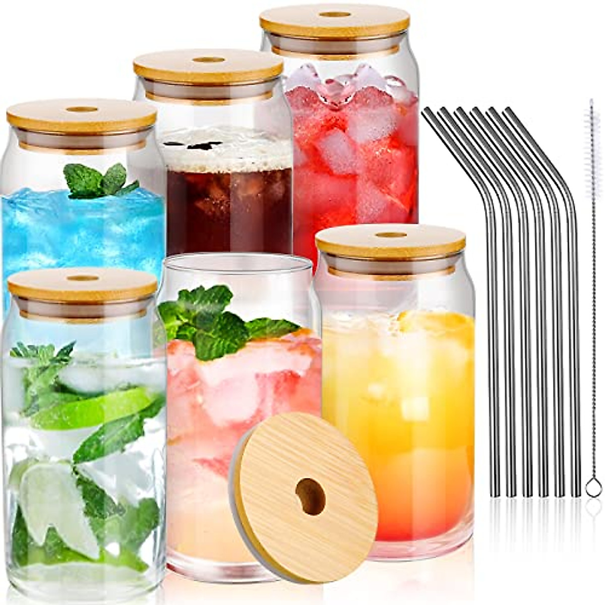 Nuogo Glass Beer Can With Straws and Lid Set Can Shaped Cups Pint Drinking Glass for Soda Juice Beverage Smoothies Iced Drinks Cocktails Drinkware (6, 16 OZ)