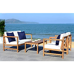 SAFAVIEH Outdoor Collection Montez Natural/ Beige Cushions/ Navy Pillows 4-Piece Conversation Patio Set