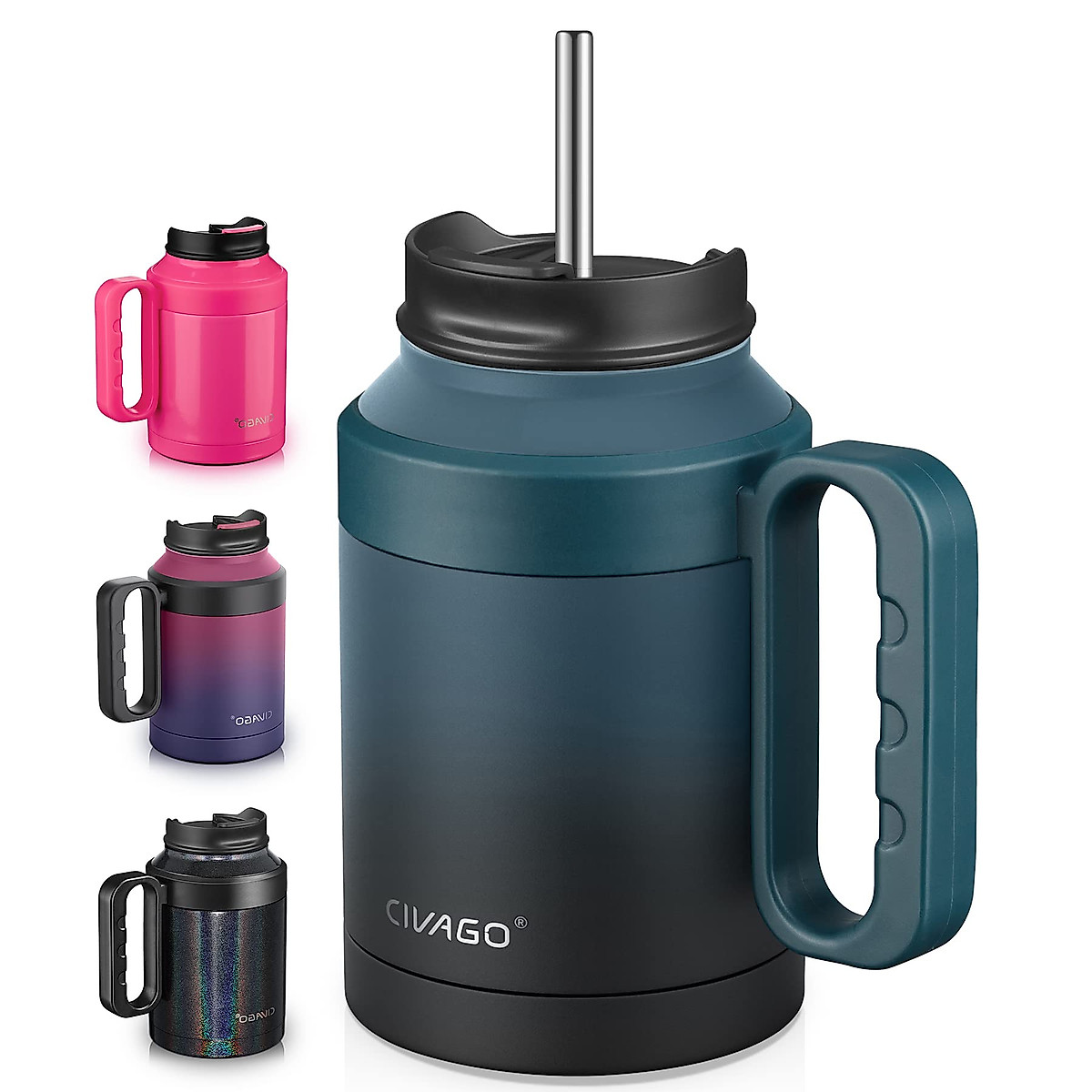 CIVAGO 50 oz Insulated Water Bottle Jug with Handle and Straw, Large Metal Sport Water Flask Canteen, Stainless Steel Tumbler Mug with Lid, Indigo Black, 1 Count (Pack of 1)