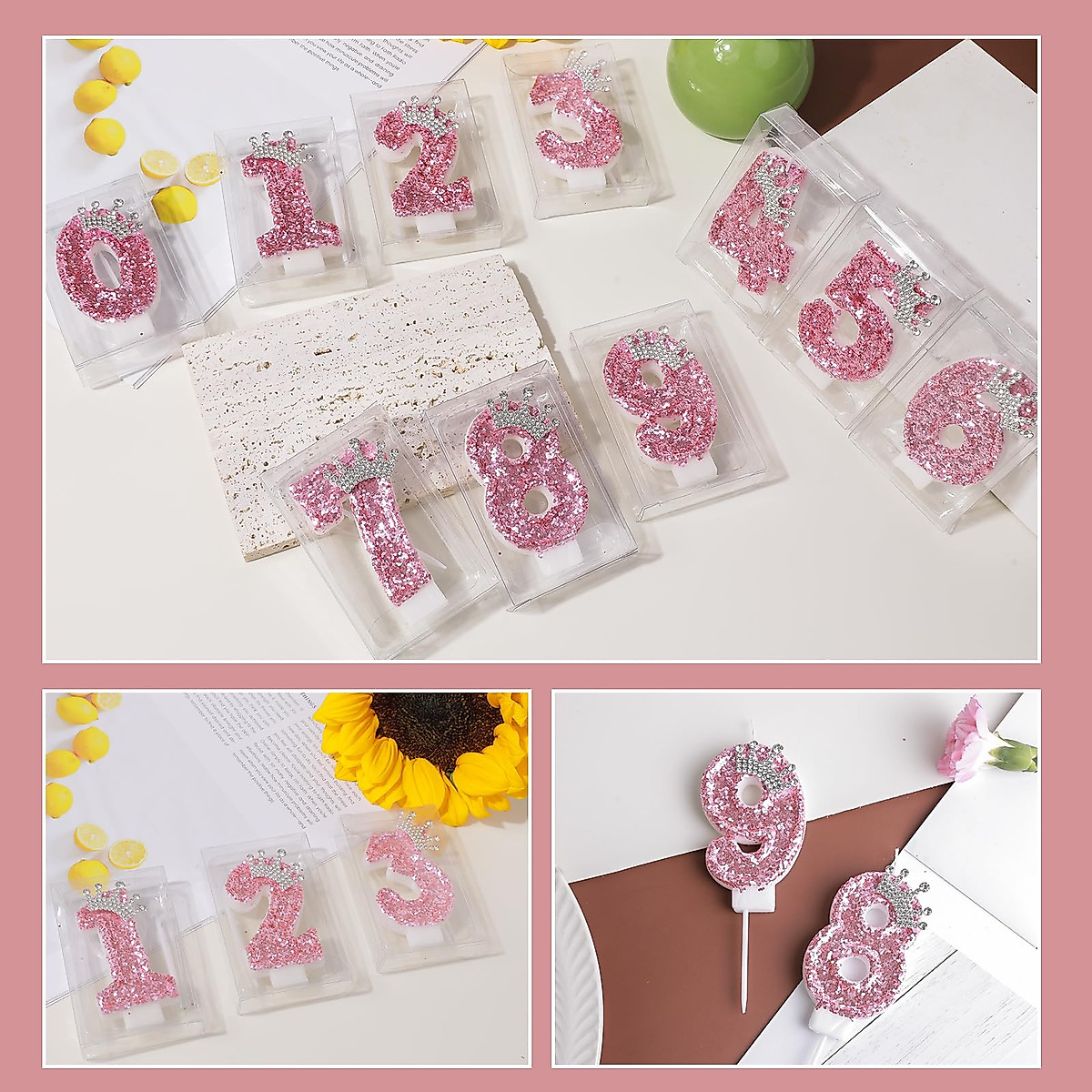 Birthday Number Candles,Pink Crown Birthday Candles for Cake,Glitter Number 5 Candle Cake Topper with Sequins for Girls,Women, Anniversary Celebrations Supplies (Pink 5)