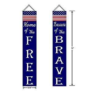 4th of July Patriotic Decorations Porch Sign Banners, Home of the Free Because of the Brave Hanging Flag Decor with Stars and Stripes for Memorial Independence Veterans Day Yard Indoor Outdoor