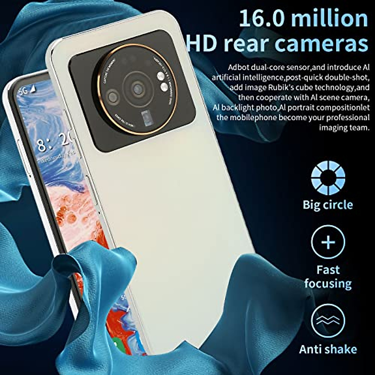 Zopsc M12S Ultra 6.5 inch Smartphone for Android 12 Water Drop Unlocked Smartphone WiFi 5G Network 6 256GRAM 16MP 8MP 4000mAh GPS Support, White