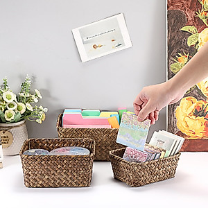OGANAZI Small Woven Wicker Open Storage Baskets, Set of 3 Natural Seagrass Baskets Rectangular Basket Bins Woven Baskets for Shelf Closet Bedroom (Coffee)