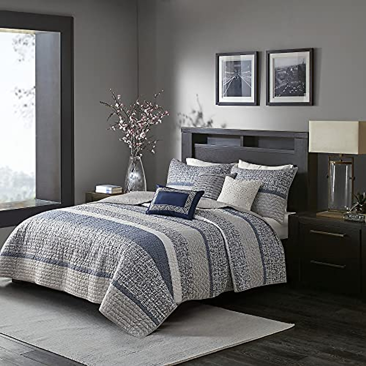 Madison Park King Quilt Set Lustrous Jacquard & Glitter Accent Coverlet Set for King Size Bed - All Season, Lightweight King Quilt Set, Shams, Decorative Pillow, King/Cal King Chevron Grey/Navy
