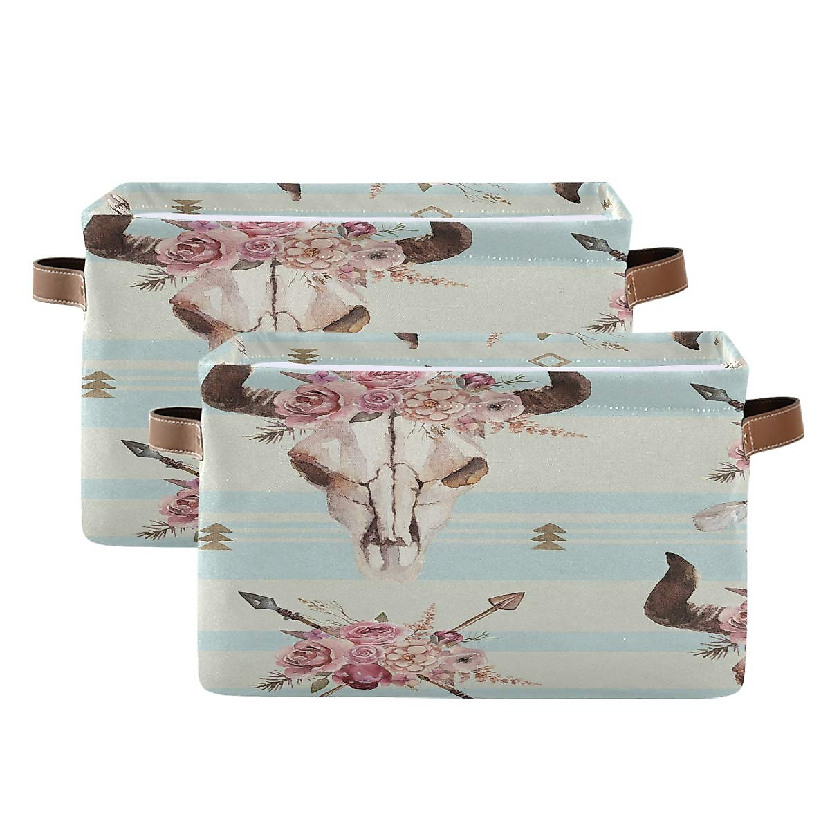Collapsible Storage Bin Cube Floral Flower Animal Cow Skull Laundry Basket Hamper Toy Cloth Organization Bag with Handle for Pantry Nursery Home Office Shelve,2 PCS