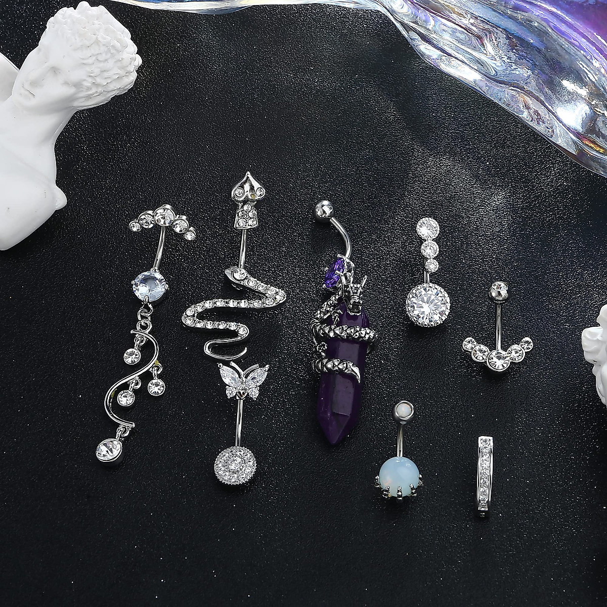 THUNARAZ 14G Clicker Belly Button Rings Surgical Steel Sparkled CZ Opal Belly Button Piercing Dangling Snake Evil Eye Butterfly Belly Ring for Women Sexy Reverse Navel Belly Piercing Jewelry