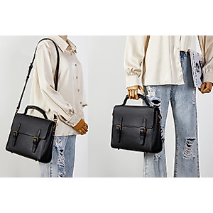 Vintage Leather Messenger Bag For Women Top Handle Shoulder Handbags Fit A4 Paper (Black)