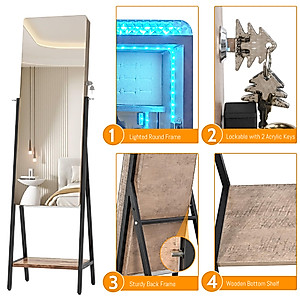 LVSOMT LED Standing Jewelry Mirror Cabinet, Stand Up Full Length Mirror with Storage, Lockable Floor Jewelry Armoire Organizer with 2 Drawers, Bottom Shelf, Built-in Lighted Makeup Mirror (Brown)