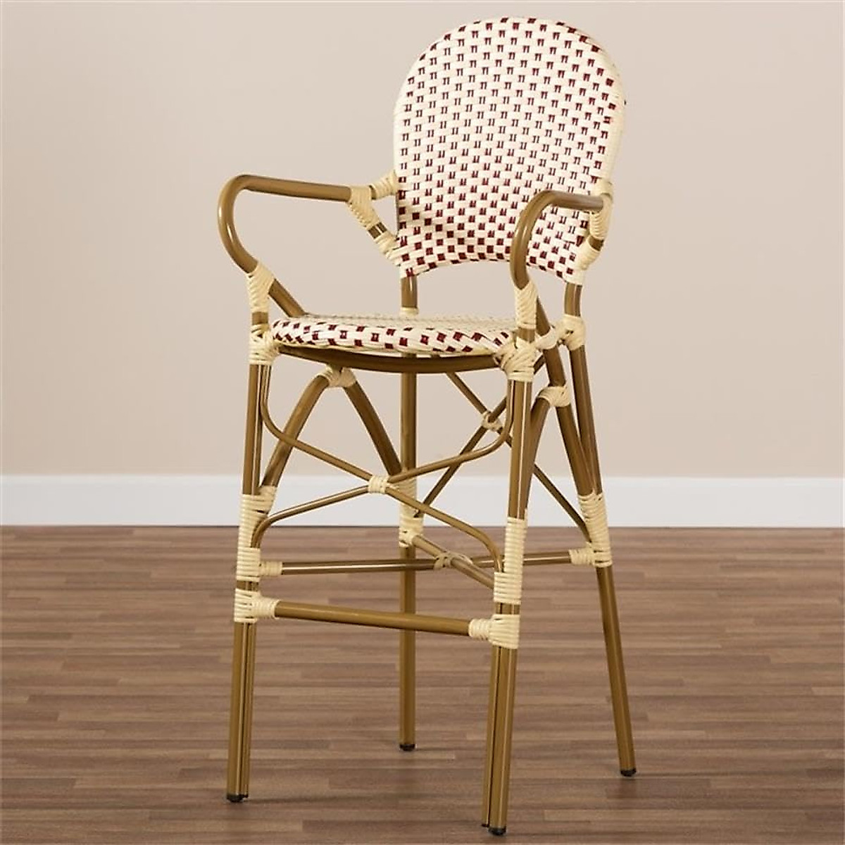 Baxton Studio Marguerite Classic French Indoor and Outdoor Beige and Red Bamboo Style Stackable Bistro Bar Stool