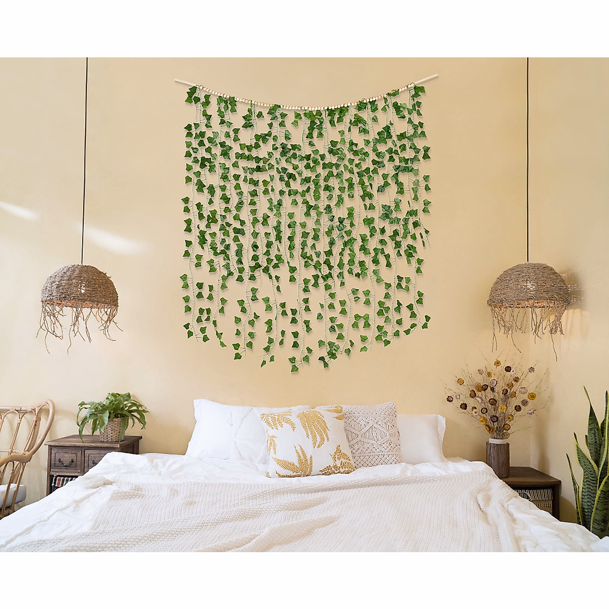 Mkono Hanging Fake Vines for Bedroom Wall Decor Artificial Plant Leaves with Wood Beads Set Indoor Greenery Ivy Garland for Living Room Apartment Christmas Wedding Party Teen Girl Room