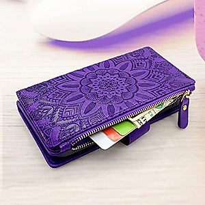 Harryshell Detachable Magnetic Zipper Wallet Leather Case with Cash Coin Pocket 12 Card Slots Holder Wrist Strap Lanyard for Samsung Galaxy S23 Ultra 5G (2023) (Flower Purple)