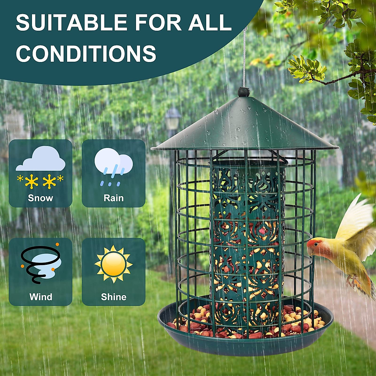 Gaprass Squirrel Proof Bird Feeders, Metal Bird Feeders for Outdoors Hanging, Bird Feeder for 360°Feeding Area for Wild Birds, Chew Proof & Rust Proof, 4lbs Capacity - Green