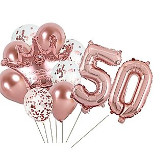 KUNGOON 50th Birthday Balloon,Rose Gold Number 50 Mylar Balloon,Funny 50th Birthday/Wedding Anniversary Crown Aluminum Foil Balloon Decoration for Women/Men.