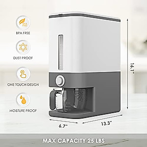 Rice Dispenser, Large Sealed Grain Container Storage with Measuring Cup, Food Cereal Container Bins for Flour Cereal Kitchen Storage (Grey)