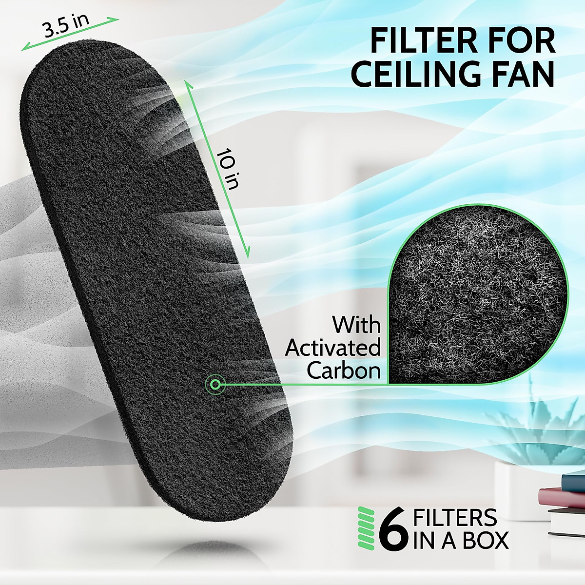 Veloxe Ceiling Fan Filters for Blades | 6-Pack Set Air Filters with Activated Charcoal | Odor Eliminator & Air Purifiers for Common Household Contaminants | Unscented Carbon Air Filters
