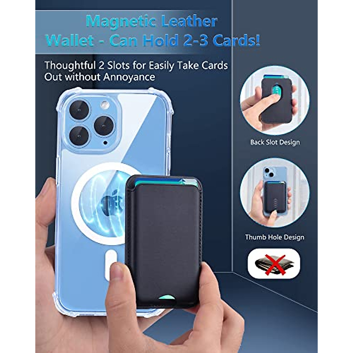 Dlinda 2-in-1 iPhone 14 Pro Case Magnetic Clear with Magnetic Leather Wallet Card Holder, Magsafe Wallet Case Cover, Yellow Resistant &MIL-Grade Drop Tested, Compatible with MagSafe -6.1'', Blue