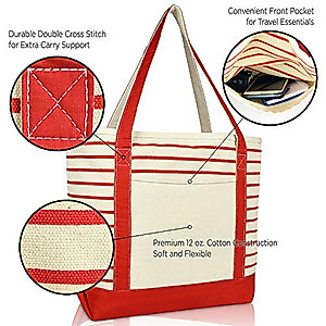 DALIX Medium Stripe Tote Deluxe Shoulder Bag Cotton Canvas in Red