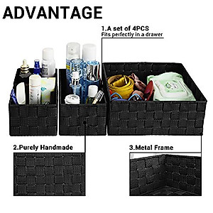 Woven Storage Box Cube Basket Drawer Organizer Divider Basket Box, Storage Tote Bins for Bathroom, Kitchen, Cabinet, Closet, Shelf, Dresser, Store Snacks, Cereal, Baking Supplies, Set of 4 (Black）
