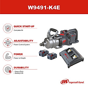 Ingersoll Rand W9491-K4E - 20V High-torque 1" Drive Cordless Impact Wrench Kit, 2600 ft-lbs Nut-busting Torque, 4 Batteries and Charger, Standard Anvil