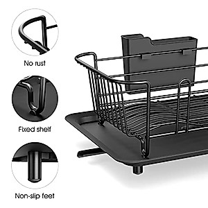 Klvied Dish Rack with Swivel Spout, Dish Drying Rack with Drainboard, Dish Drainers for Kitchen Counter, Dish Strainer with Removable Utensil Holder, Stainless Steel Dish Drainer in Sink, Black