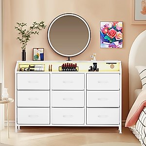 White Dresser for Bedroom, 9 Drawers Dresser with LED Lights & Charging Station, Large Fabric Dresser with PU Finish, Kids Adults Chest of Drawers with Sturdy Frame for Entryway Closet Living Room