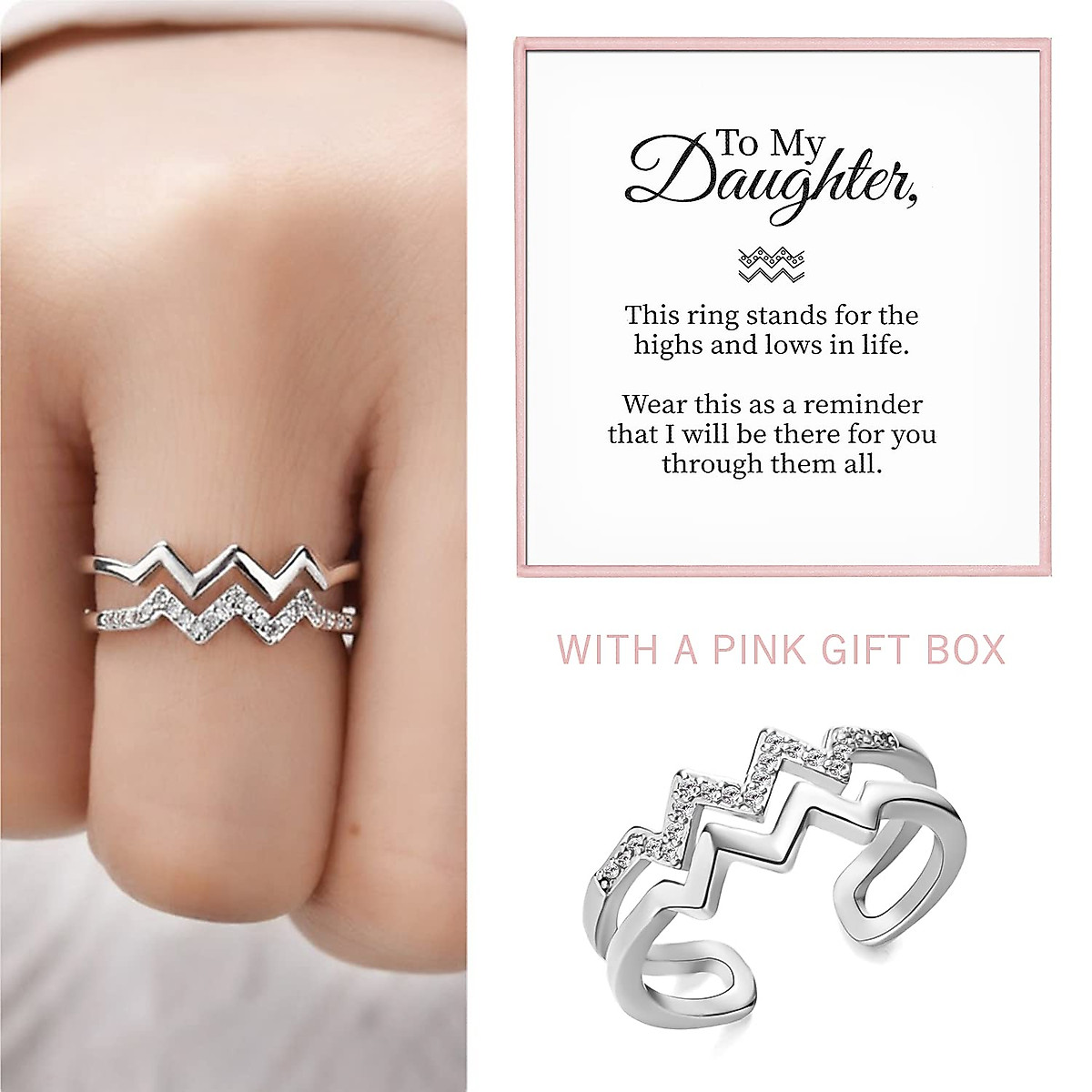 RINHOO FRIENDSHIP To My Daughter HIGHS AND LOWS Ring Inspirational Daughter-in-law Ring 14K Gold Plated Adjustable Opening Wave Pattern Rings Gift for Women (Gold)