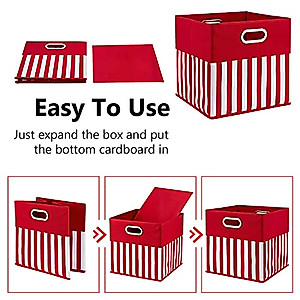 i BKGOO Folable Fabric storage Bins.Set of 3 Cubby Cubes with Handles Red-White Vertical lines 13x13x13 inch