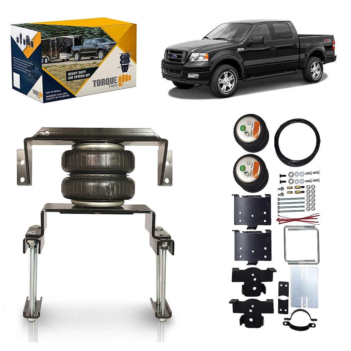 TORQUE Airbag Air Bag Suspension Kit for 2004-2008 Ford F150 (Not FX 2) 2WD 4WD F-150 Rear Helper Bag Spring Towing 5000 lbs (Replaces Firestone Ride Rite 2350) (TR2350)