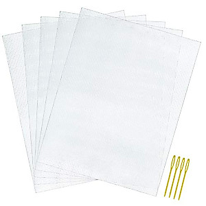 Pllieay 5 Pieces 7 Count Plastic Mesh Canvas Sheets for Embroidery, Acrylic Yarn Crafting, Knit and Crochet Projects (10.2 x 13.2 inch, Come with 4 Pieces Weaving Needles)
